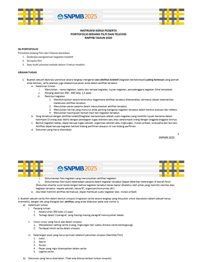 INSTRUKSI KERJA PORTOFOLIO FTV SNPMB 2025 | PDF