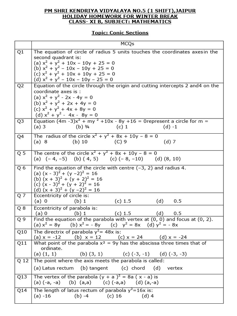Class XI Math Holiday Homework | PDF | Ellipse | Analytic Geometry
