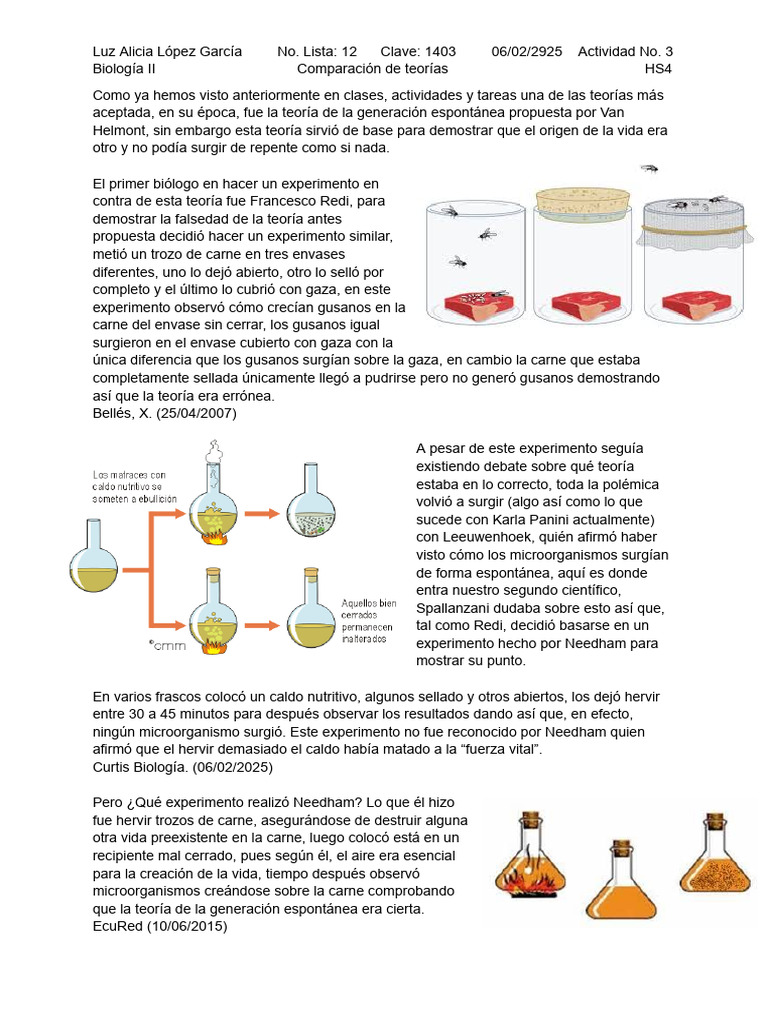 Luz Alicia - Experimentos de Redi, Spallanzani, Needham y Pasteur | PDF | Biología