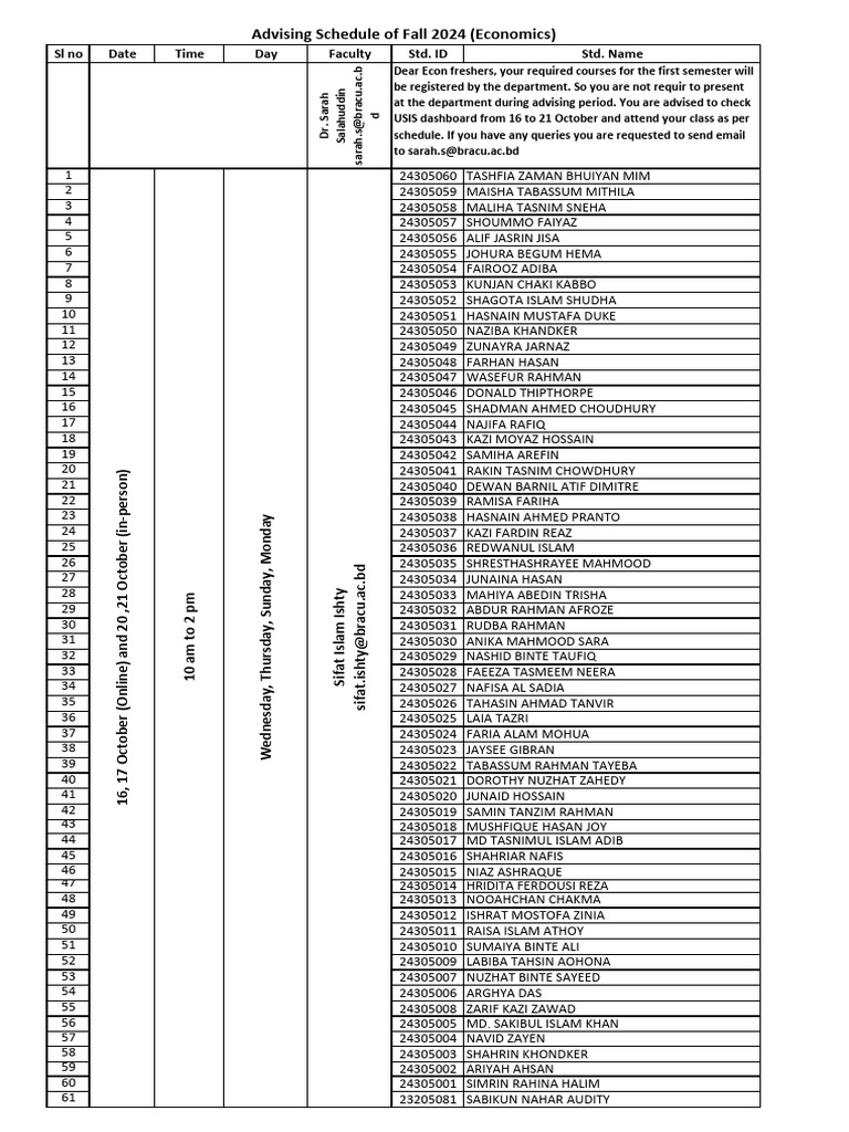 Fall 2024 Economics Advising Schedule | PDF