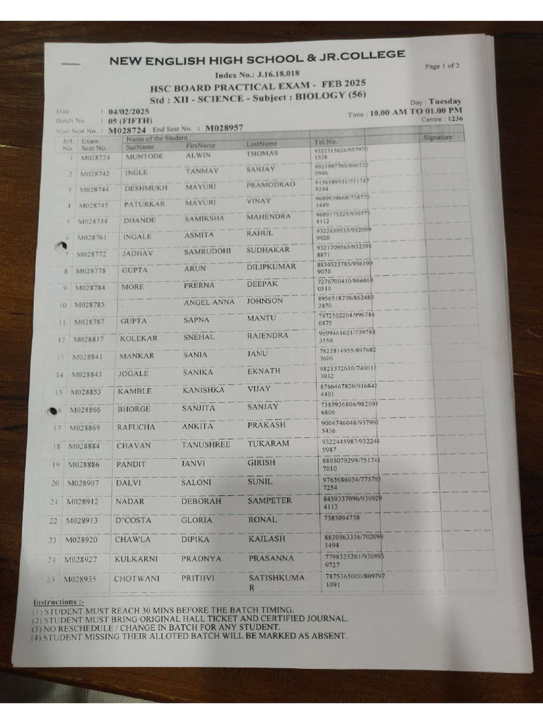 Biology Board Practical Exams Batchwise List | PDF