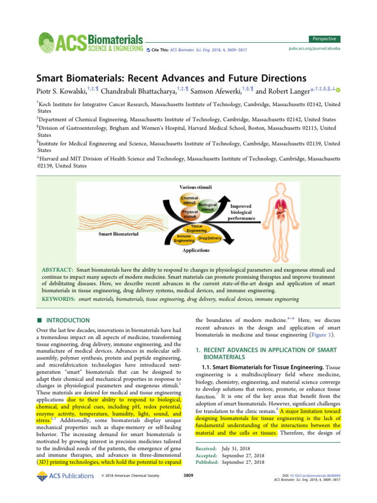 Smart Biomaterials Recent Advances and Future Directions | PDF | Tissue ...