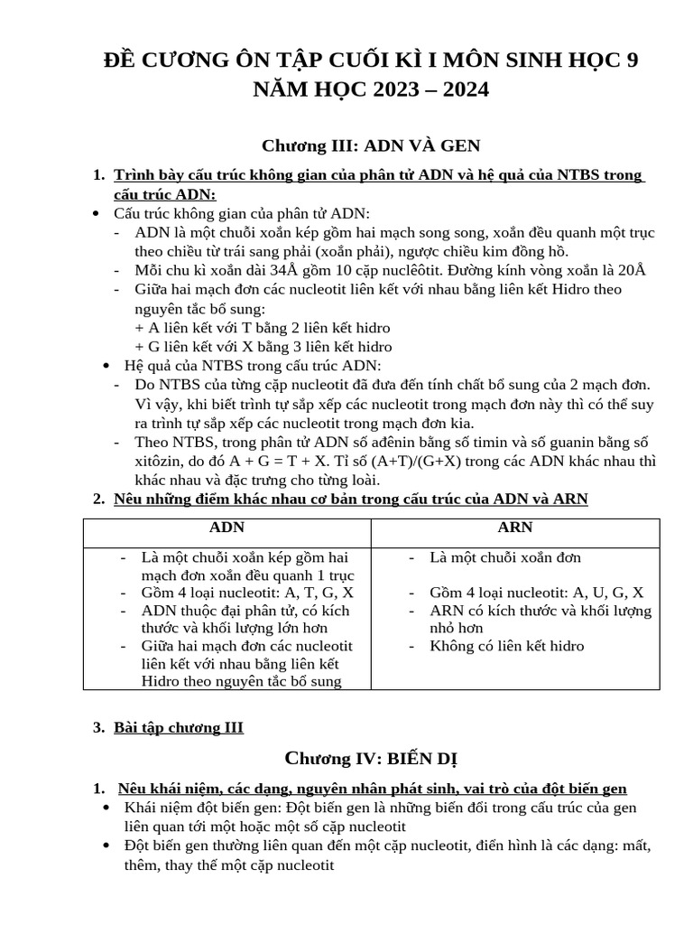 Đề Cương Sinh 9 Cuối Kì i 23-24 | PDF
