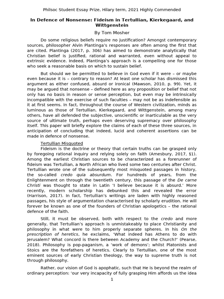 In Defence of Nonsense: Fideism in Tertullian, Kierkegaard, and ...