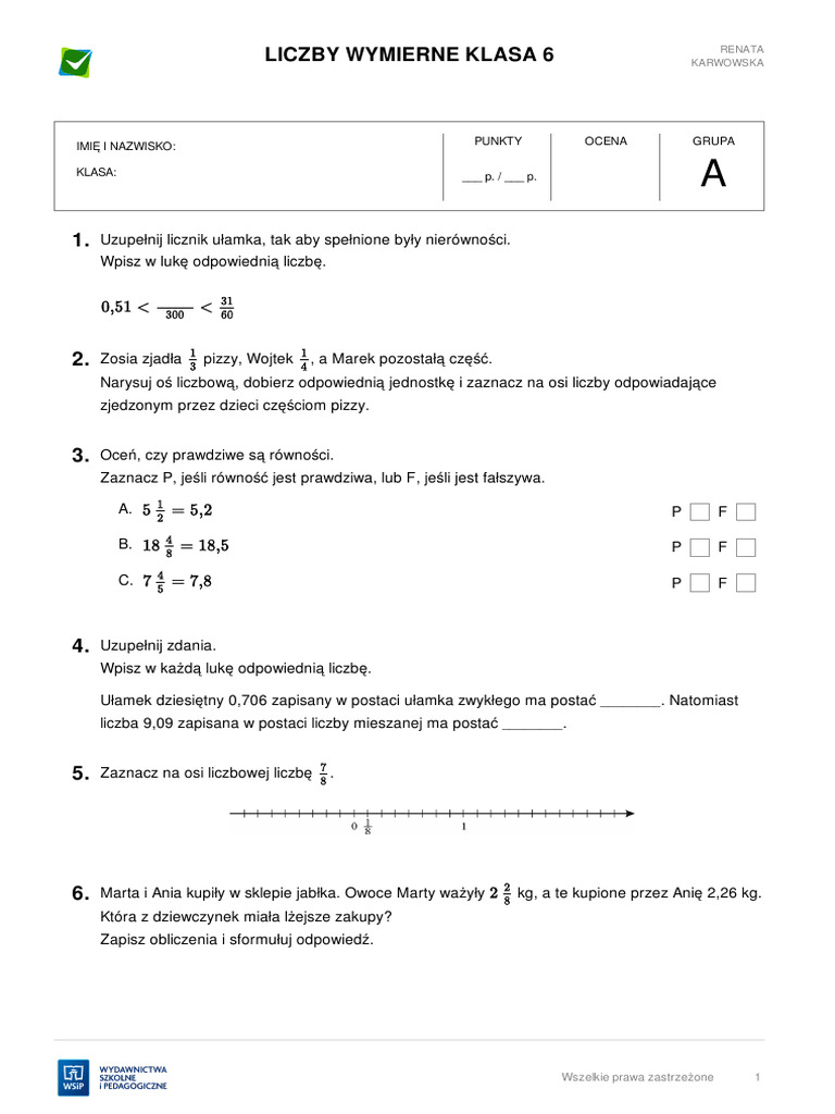 LICZBY WYMIERNE KLASA 6 Dla Ucznia | PDF