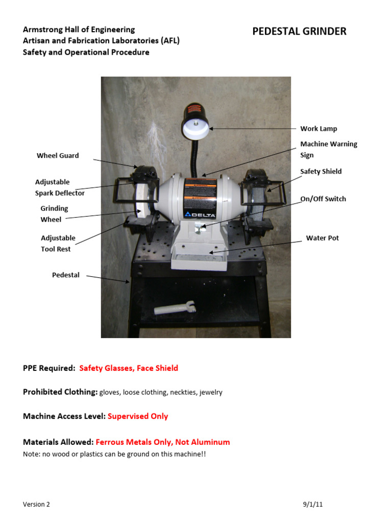 Delta Pedestal Grinder Procedure 09-01-11 | PDF