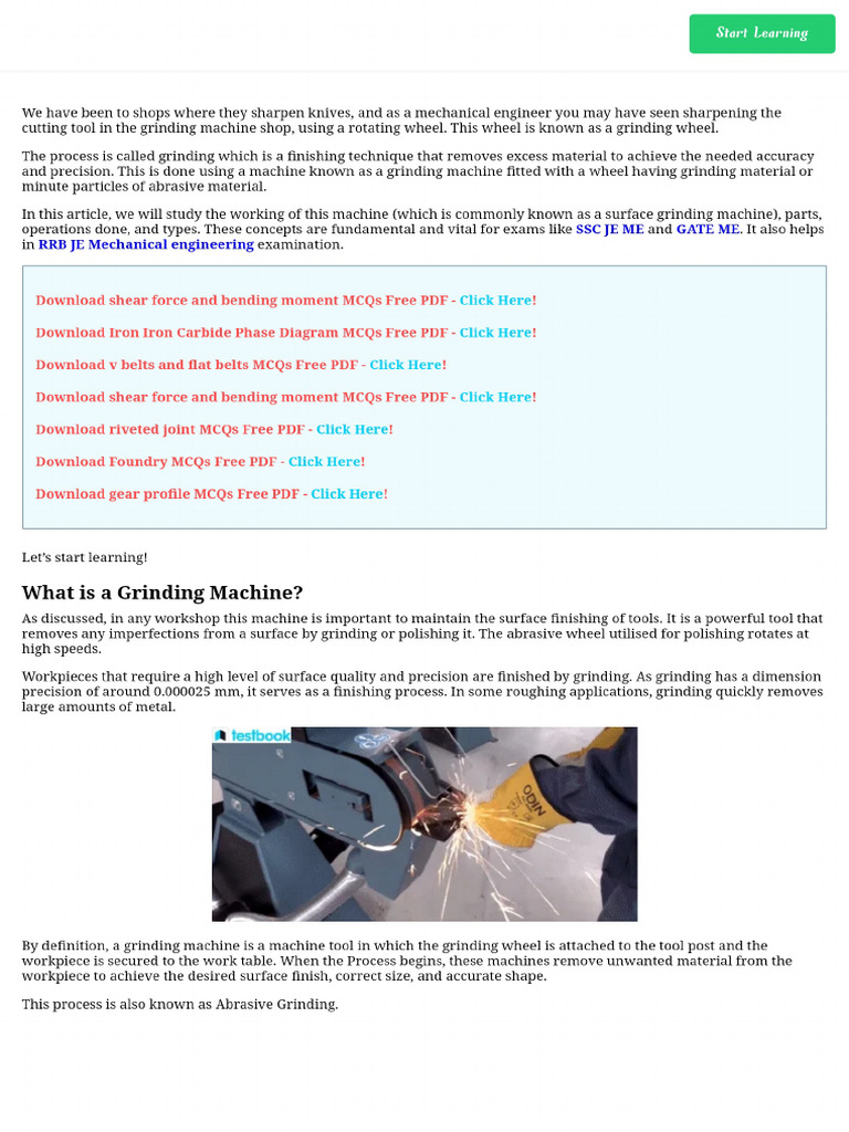 Grinding Machine - Learn Its Working, Types, and Applications | PDF