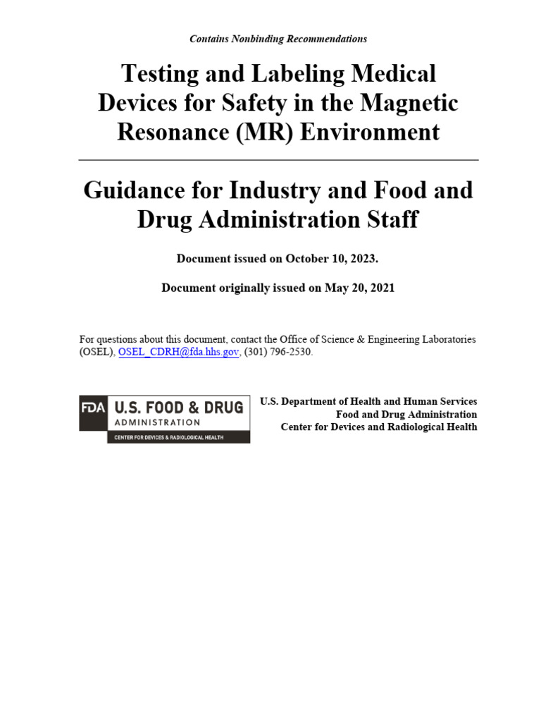 MRI Safety Testing and Labeling Guidance | PDF | Medical Device ...