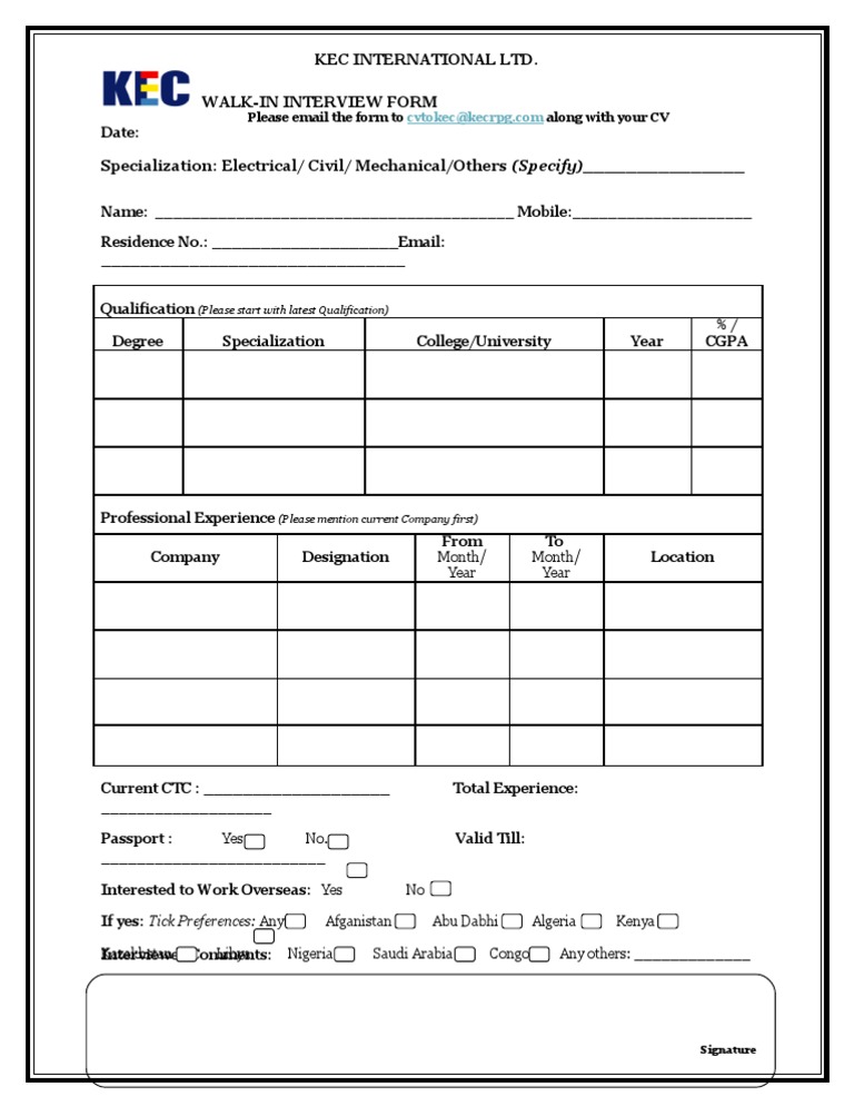 KEC International Walk-In Interview Form | PDF