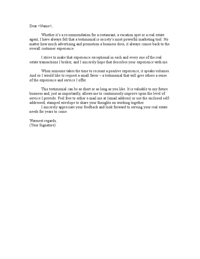 Testimonial Sample Letter