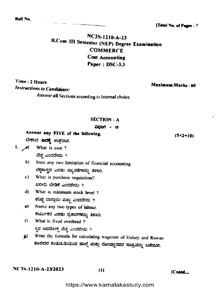 Bcom 3 Sem Commerce Cost Accounting Nc3s 1210 Apr 2023 | PDF
