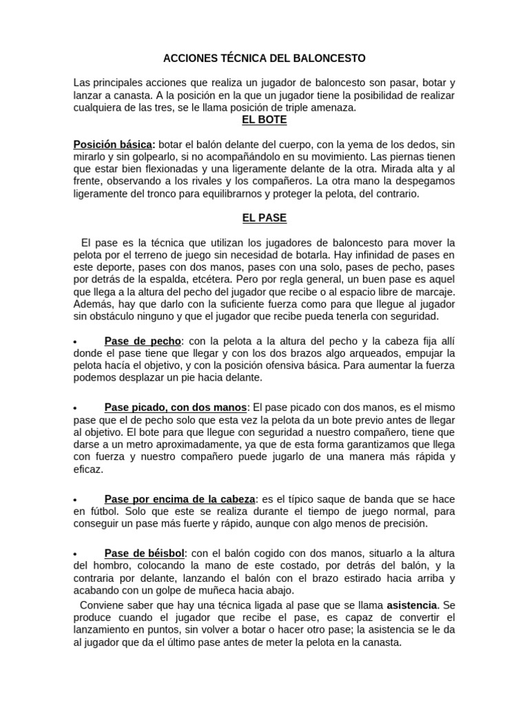 Acciones Técnica Del Baloncesto | PDF | Defensor (Asociación de Fútbol) | Juegos de pelota