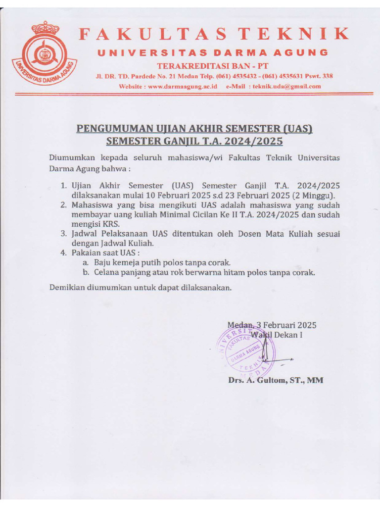 Pengumuman UAS S. Ganjil T.A. 24.25 - Mhs | PDF