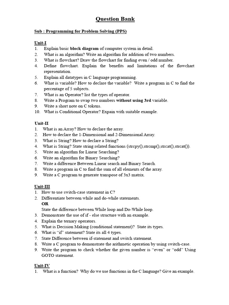 PPS-QuestionBank-All-Units (1) | PDF | Pointer (Computer Programming) | Computer Program