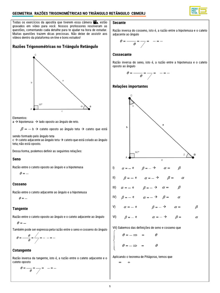 Razões Trigonométricas em Triângulos Retângulos | PDF | Trigonometria ...