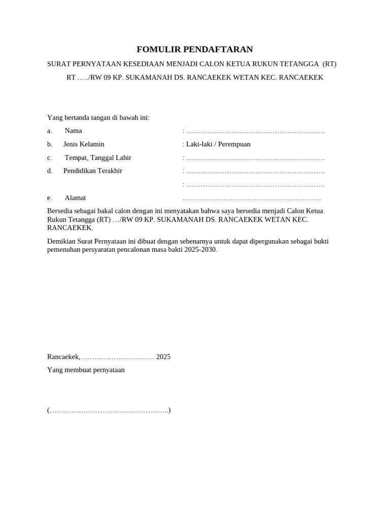 Formulir Pendaftaran Calon Ketua RT | PDF