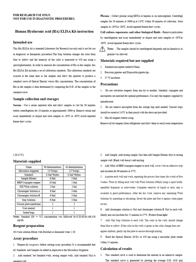 Human_Hyaluronic_acid_(HA)_ELISA_Kit[1] | PDF | Assay | Laboratory ...
