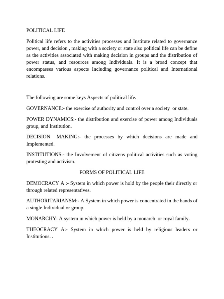 Political Life: Key Aspects & Systems | PDF