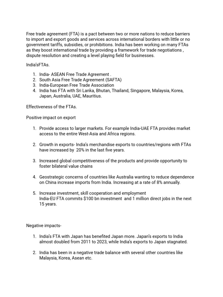 Free Trade Agreement (FTA) | PDF