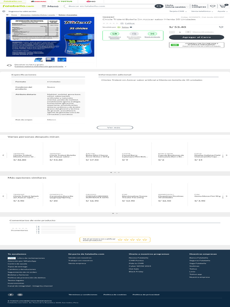 Chicle Trident Botella Sin Azúcar sabor Menta 35 Unidades Tottus Perú | PDF