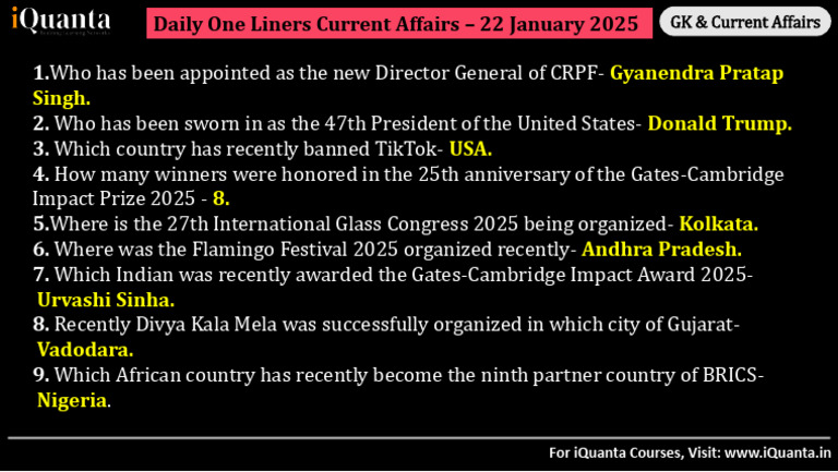 Daily One Liners Current Affairs - 22 January 2025 | PDF