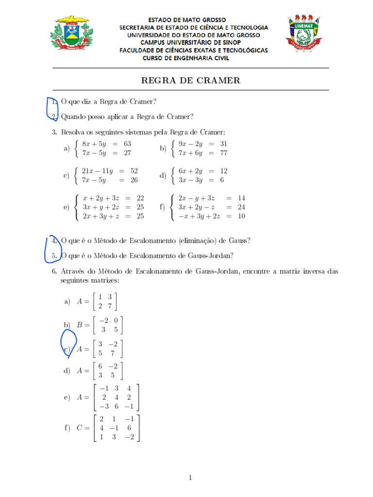 Sistemas Lineares: Regra de Cramer e Gauss | PDF