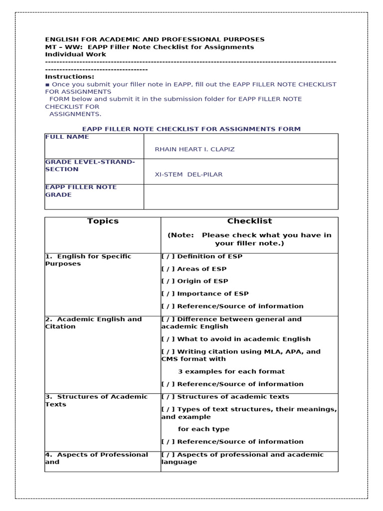 Eapp Filler Note Checklist for Assignments | PDF | Writing | Written Communication
