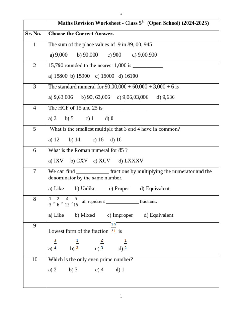 5th Worksheet Maths - Open School | PDF | Mathematics | Mathematical ...