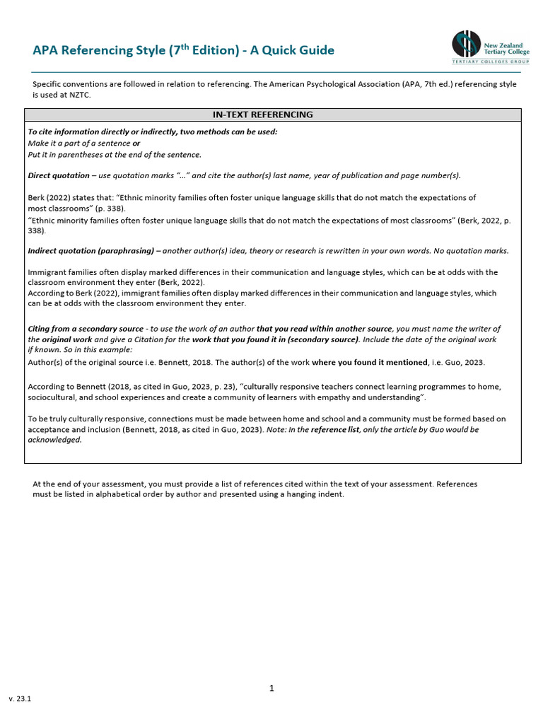 APA Quick Guide V - 23 - 1 | PDF | Apa Style | Learning