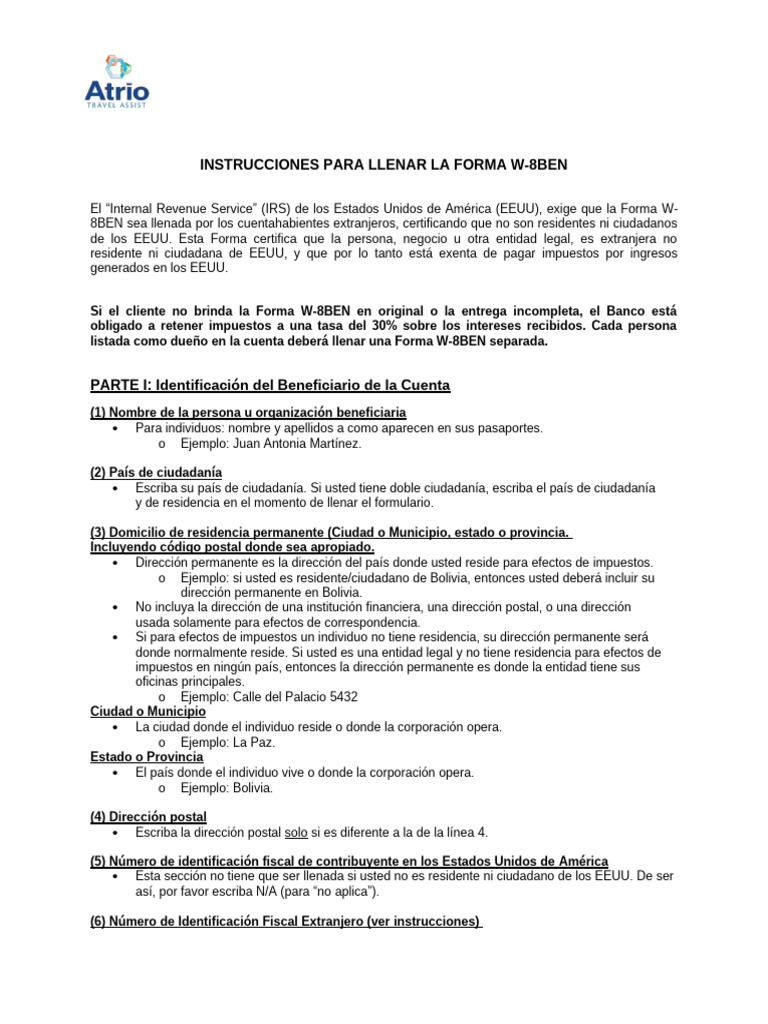 Instrucciones para la Forma W-8BEN | PDF | Impuestos