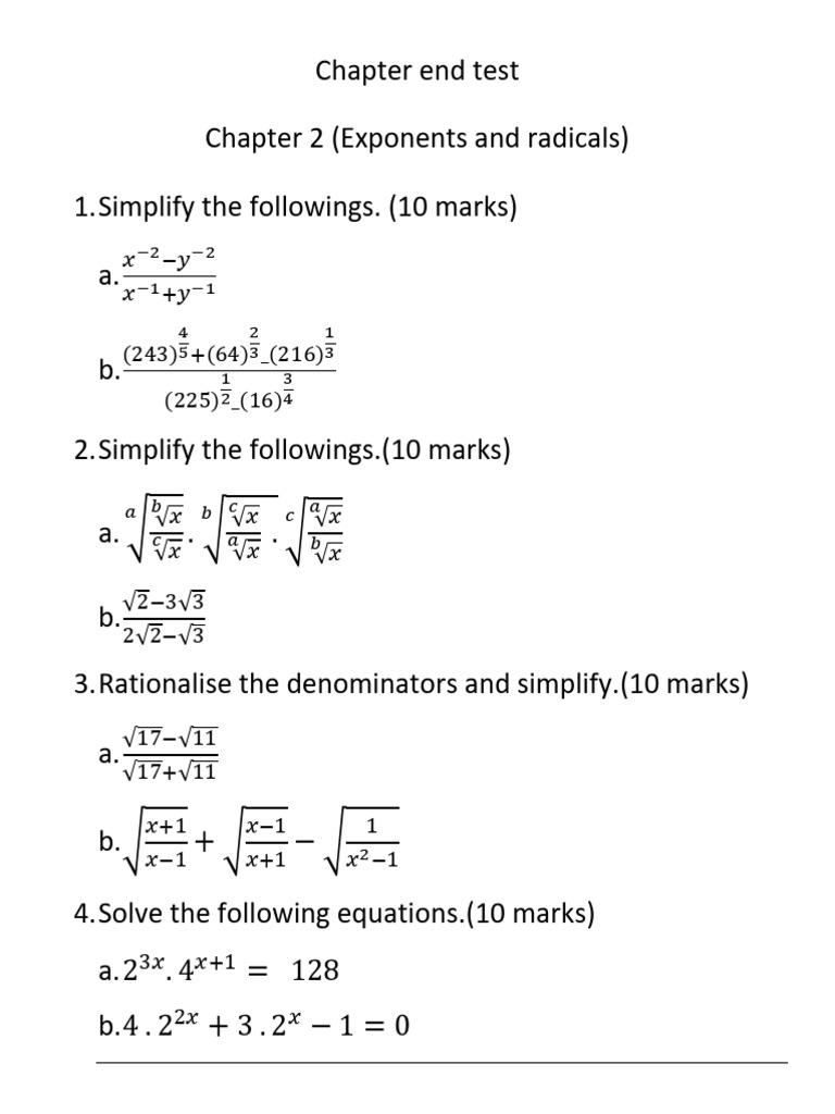 Exponents and Radicals Test Questions | PDF