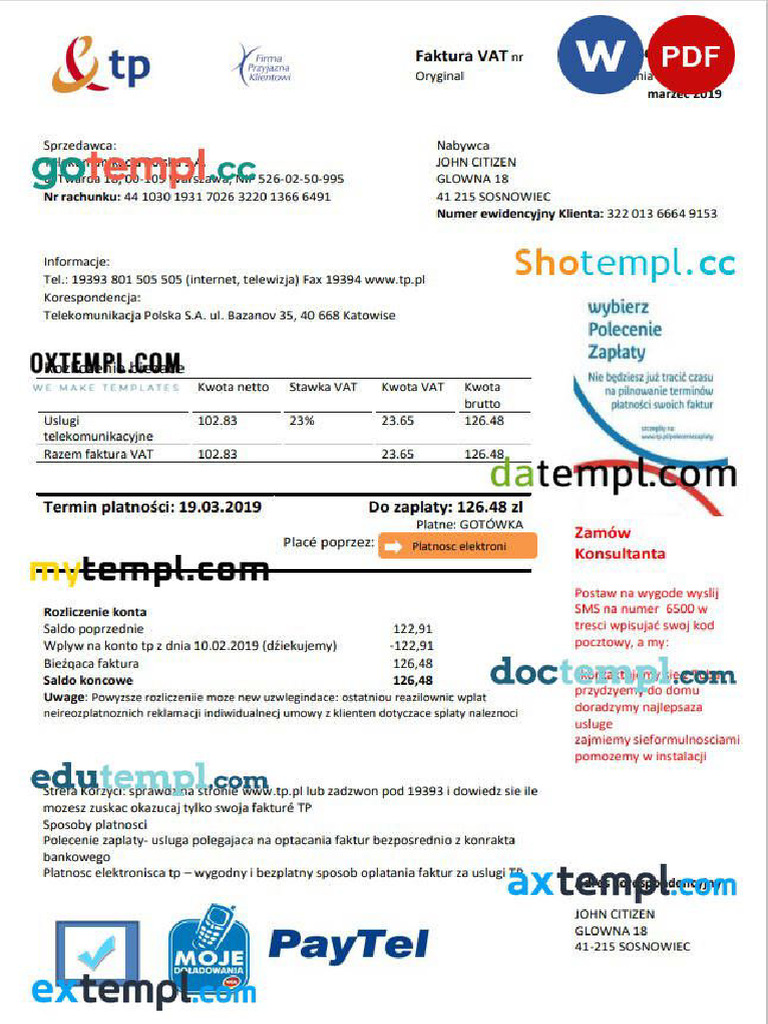 Doctempl - Poland TP Utility Bill Template in Word and PDF Format | PDF