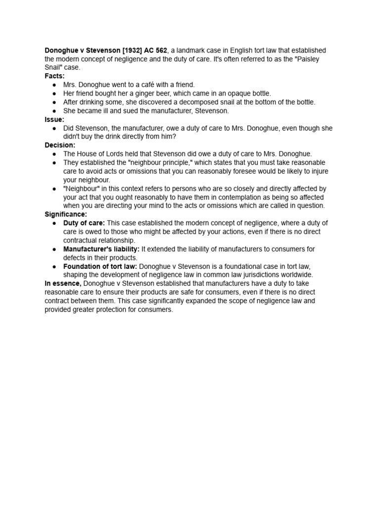 Donoghue V Stevenson (1932) AC 562 | PDF