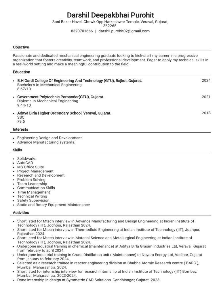 Darshil Purohit Updated Resume | PDF | Gujarat | Mechanical Engineering