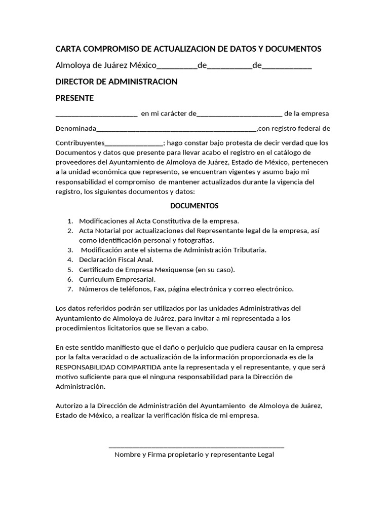 Carta Compromiso de Actualizacion de Datos y Documentos | PDF