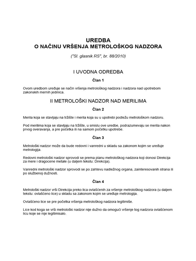 Uredba o načinu vrsenja metroloskog nadzora | PDF