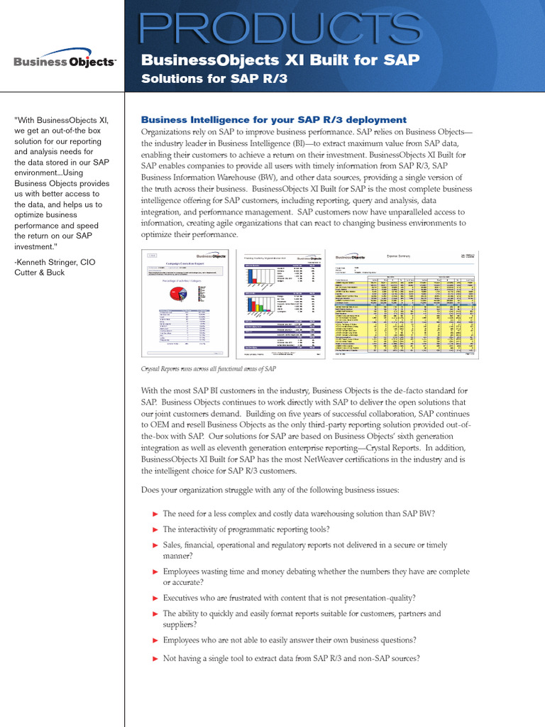 BusinessObjects XI Built For SAP Solutions For SAP R3 | PDF | Business Intelligence | Data Warehouse