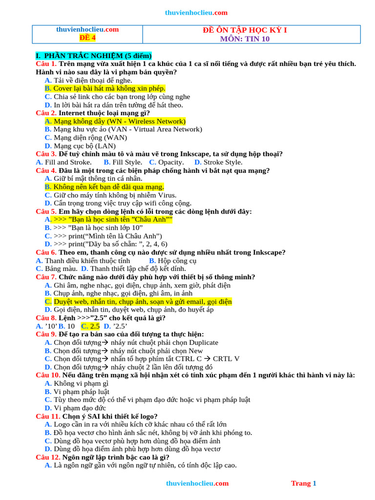 thuvienhoclieu.com-De-on-tap-HK1-Tin-10-De-4 | PDF