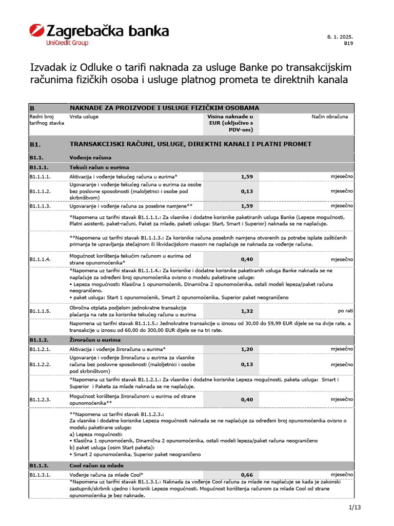 b19 Izvadak Iz Odluke o Tarifi Naknada Za Usluge Banke Po Transkcijskim Racunima Fizickih Osoba ...