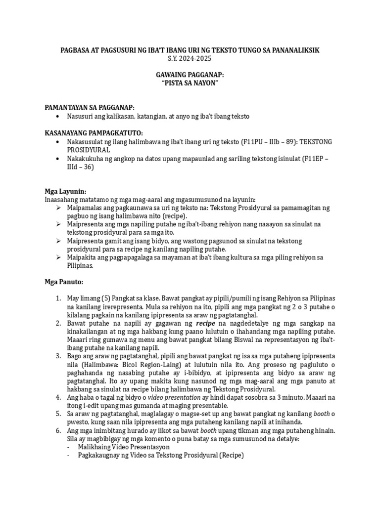 PISTA SA NAYON Mga Panuto at Pamantayan | PDF