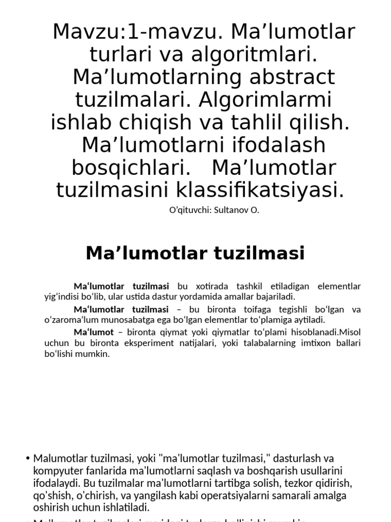 1-Ma'Ruza - Ma'lumotlar Turlari Va Algoritmlari. | PDF