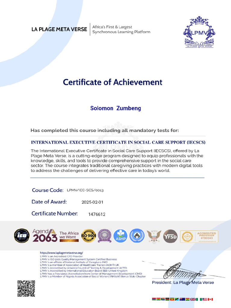 Your Certificate On International Executive Certificate in Social Care Support - Certificate | PDF