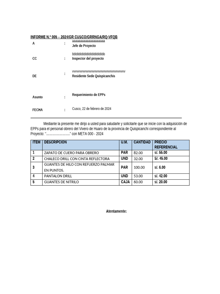 Informe de REQUERIMIENTO DE EPPs | PDF | Guante