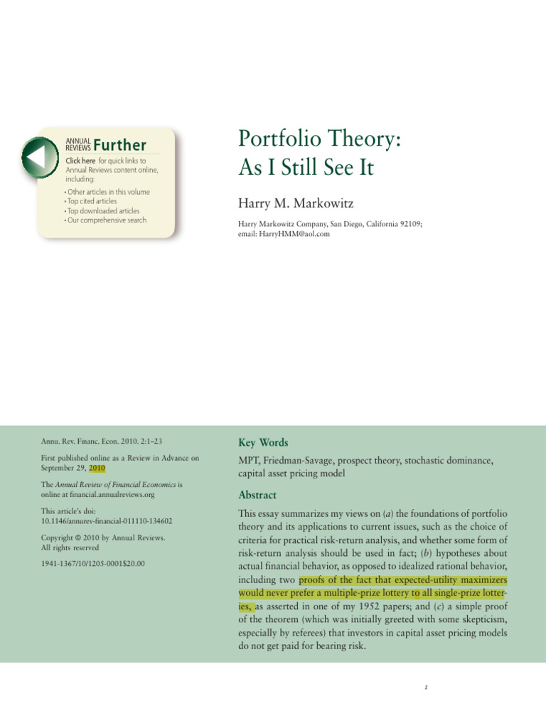 Portfolio Theory Harry M. Markowitz | PDF | Modern Portfolio Theory | Capital Asset Pricing Model