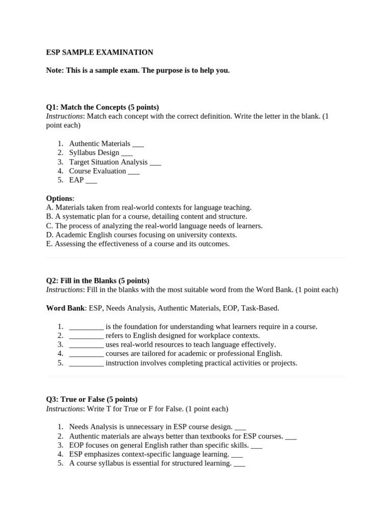Esp Sample Examination | PDF
