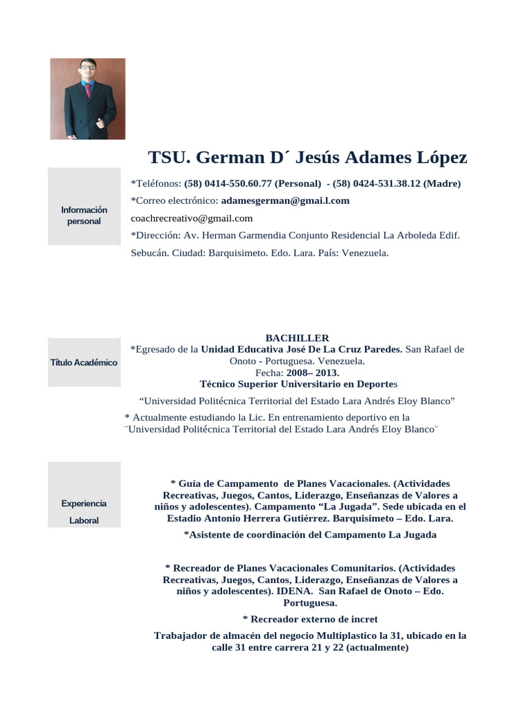 Resumen Curricular de German D Jesus | PDF