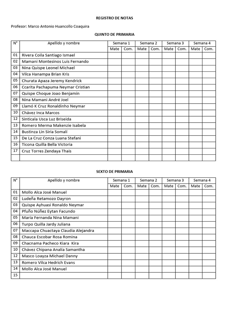 Registro de Notas Quinto y Sexto Primaria | PDF