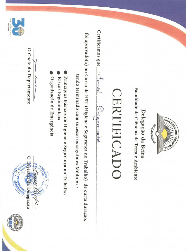 Certificado de HST Manuel Pedro Chigamanhe | PDF