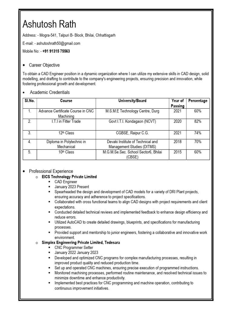 CAD Engineer Resume of Ashutosh Rath | PDF | Numerical Control ...