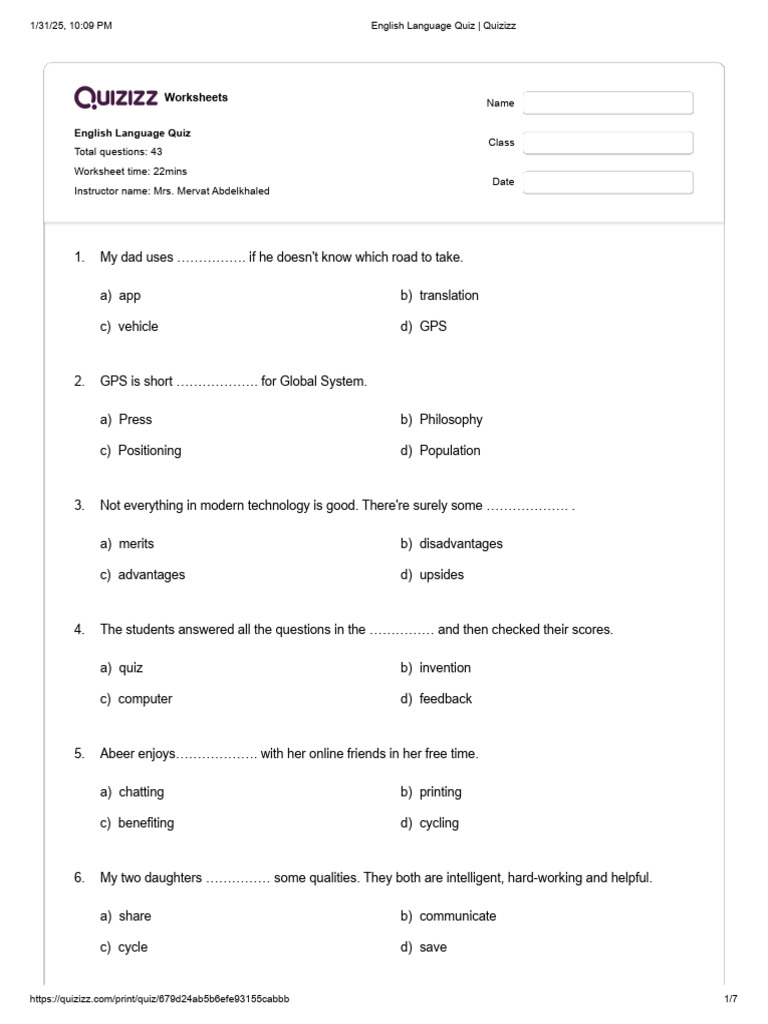 English Language Quiz Worksheet | PDF